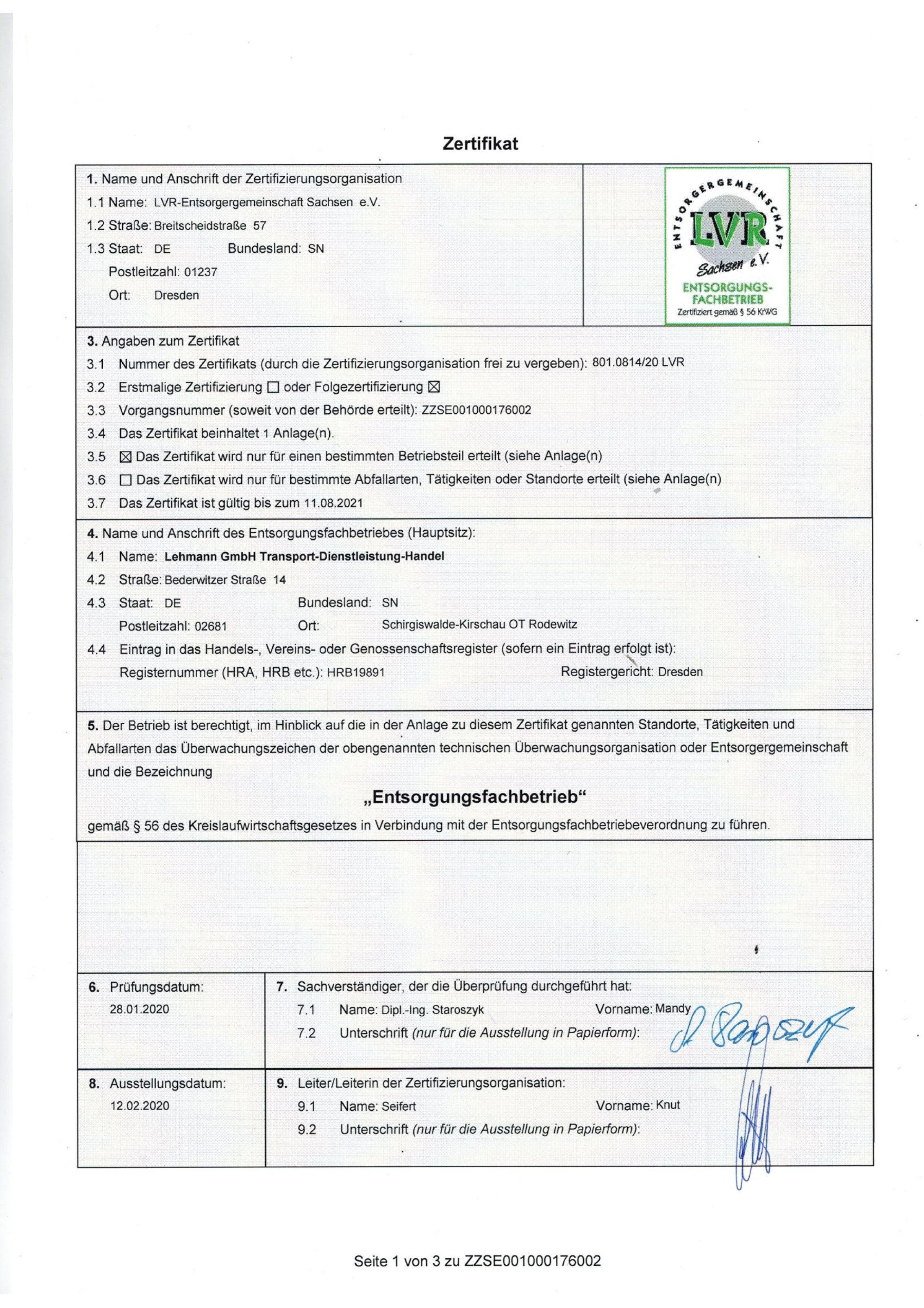 Zertifikate | Fa. Lehmann GmbH